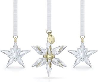 Swarovski D&eacute;coration &Eacute;dition Annuelle 2025, Set de 3 &eacute;toiles, Dont Une en 3D, Cristal incolores, sph&egrave;re et d&eacute;tails en m&eacute;tal Ton Champagne, accroch&eacute;es &agrave; des Ruba