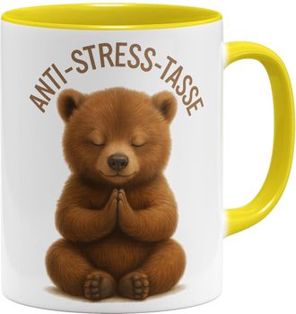 OM3 B&auml;rchen Anti-Stress Kaffee-Tasse - S&uuml;&szlig;e B&auml;r Keramiktasse mit Namaste Motiv - Keramik Becher - 325ml - Beidseitig Bedruckt - Gelb