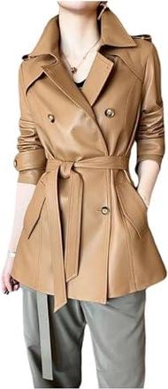 Generic Trench-coat en cuir v&eacute;ritable pour femme - Veste mi-longue en peau de mouton ceintur&eacute;e &agrave; revers crant&eacute; &agrave; double boutonnage, EN8, L