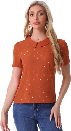 Allegra K Damen Kurzarm Bubikragen Punkte Oberteil Vintage Polka Dots Elegant Top Bluse Orange S