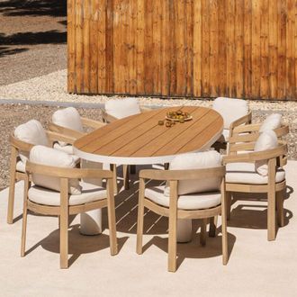 Sklum Ovales Tischset Taneli, 260 x 110 cm, aus Aluminium und Teakholz, und 8 Gartenst&uuml;hle Uleno aus Akazienholz. Teakholz - Sklum