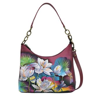 Anuschka Damen Womens Leather Hand-Painted Shoulder Bag Original Echtes Leder Handbemalt Hobo Umh&auml;ngetasche, Lotusbl&uuml;ten