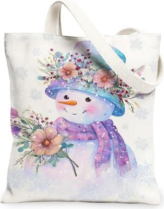Generic Sacs fourre-tout en toile motif bonhomme de neige dhiver, mignon bonhomme de neige r&eacute;utilisable, l&eacute;ger et lavable, bandouli&egrave;re Ca, Blanc, 13x15 Inch