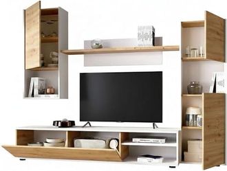 Dmora Wohnzimmerm&ouml;bel Foraker, TV-St&auml;nder-Wohnzimmerset, Mehrzweck-Wohnzimmerm&ouml;bel, 220 x 41 x 180 cm, geknotete Eiche und Wei&szlig;