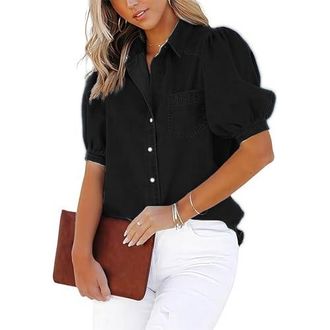 Generic Chemise en jean &agrave; manches courtes pour femme, style d&eacute;contract&eacute;, d&eacute;lav&eacute;, manches bouffantes et boutonn&eacute;es, chemisier en jean 2026, nouveau travail daf