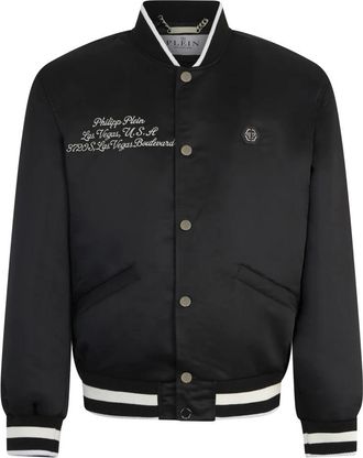 Philipp Plein Homme, Vestes, Noir, Taille: XL Shiny Satin Varsity Bomber Signature Las Vegas