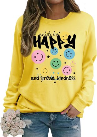 Dresswel Damen Sweatshirt Smile Brief Drucken Pullover Lustiges L&auml;chelndes Rundhals Langarmshirt Baumwolle Pulli Herbst Winter Casual Oberteile Langarm Tops