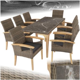 TecTake Rattan M&ouml;bel Set, 8X St&uuml;hle, 1x Tisch, modern, Korbsessel mit Armlehne, Esstisch Marmor Optik, Esszimmer Lounge Gartenm&ouml;bel f&uuml;r Balkon, Terrasse, Wint