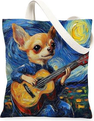 Generic Sac fourre-tout en toile pour chien Chihuahua 33 x 38 cm, motif guitare &eacute;toil&eacute;e, sac d&eacute;picerie r&eacute;utilisable, sac &agrave; bandouli&egrave;re pour femme, animal de c