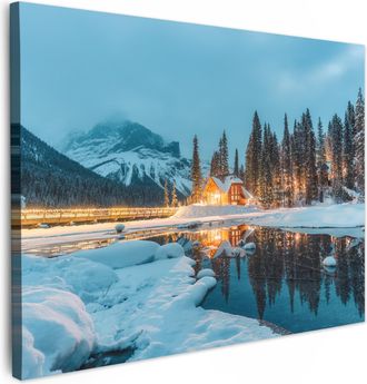 MuchoWow © Bild auf Leinwand 80x60 cm Schlafzimmer Bilder Badezimmer Wand Deko Wohnzimmer Modern Wanddeko Bilderwand Geschenk Winterlandschaft - Natur - Haus -