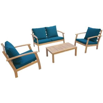 Sweeek Salon de jardin en bois 4 places - Ushua&iuml;a - Canap&eacute;. fauteuils et table basse en acacia. design Bois / Bleu canard