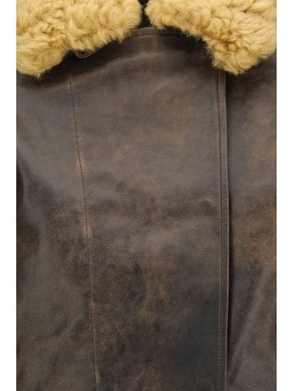 R13 Lambskin with Fur Collar Bomber Jacket - Brown