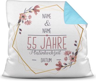 Tassendruck Kissen Hochzeitstag Platin Hochzeit - mit Name & Datum selbst gestalten - 55 Jahre Ehe, Geschenk Hochzeit, Jubiläum, Jahrestag - Farbkissen Rückseite 