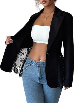 Generic Blazer patchwork en dentelle pour femme, col en V profond boutonn&eacute;, veste de travail et de bureau, Noir, XXL