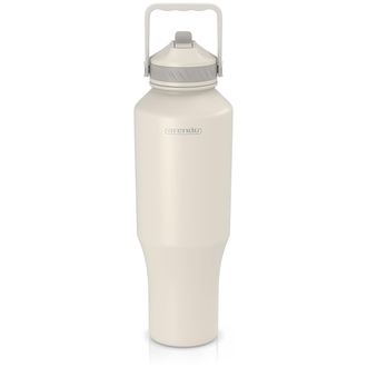 Arendo Isolierfalsche - Edelstahl Thermoflasche - 1000 ml - mit Strohhalm, Deckel und Griff - h&auml;lt warm/kalt - Beige - Ideal f&uuml;r Sport, Reisen und Fitness - 