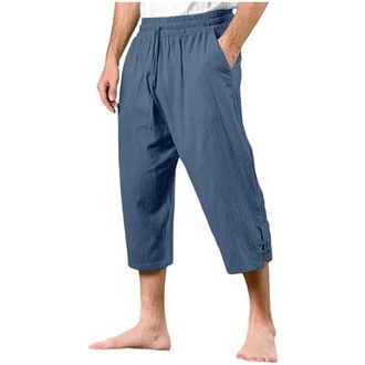 Generic Pantalon dentra&icirc;nement en coton et lin pour homme, taille d&eacute;contract&eacute;e, multi-poches, pantalon de plage classique en coton et lin de 17,8 cm, bleu mar