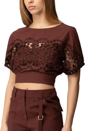 Patrizia Pepe Femme, Tops, Brun, Taille: 42 FR Top en mousseline de coton avec broderie plac&eacute;e