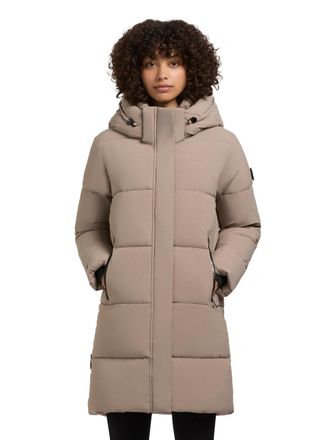 Khujo Damen Mantel Lange warme Steppjacke mit Abnehmbarer Kapuze und magnetischer Abdeckleiste Haya Matt-YM Greige Gr. L