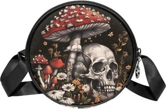 Generic Petit sac &agrave; bandouli&egrave;re circulaire pour femme, motif cr&acirc;nes, fleurs, petit sac &agrave; bandouli&egrave;re avec fermeture &eacute;clair, bretelles r&eacute;glables, sac &agrave; main ro