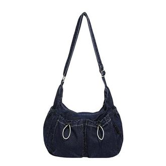 Generic Sac &agrave; bandouli&egrave;re en denim de couleur unie avec plusieurs poches, grande capacit&eacute;, sac fourre-tout Hobo pour le travail et les sorties, noir fonc&eacute;, 30