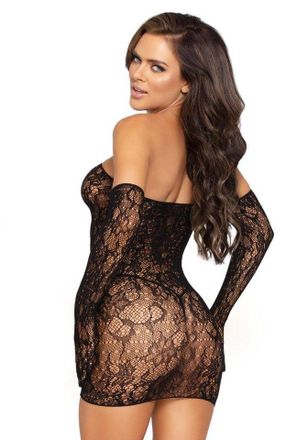 Leg Avenue Minikleid Kleid aus Spitze mit Handschuhen - schwarz (2-tlg) elastischer Netz-Stoff