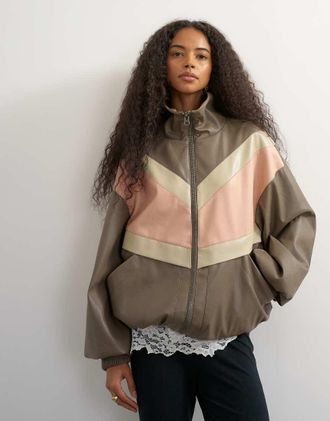Topshop Farbblock-Trainingsjacke in Lederoptik in Pink-Rosa