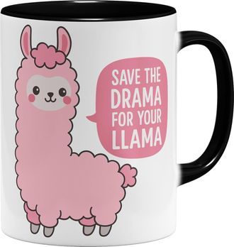 OM3 witzige Save the Drama for your Llama Kaffee-Tasse mit Spruch - Statement Alpaka s&uuml;&szlig;es Motiv - Keramik Becher - 325ml - Beidseitig Bedruckt - Schwarz