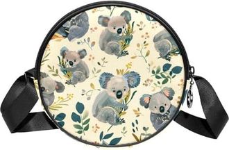 Generic Sac &agrave; bandouli&egrave;re rond pour femme, motif feuilles de koalas, petit sac &agrave; bandouli&egrave;re avec fermeture &eacute;clair, bretelles r&eacute;glables, sac &agrave; main rond d&eacute;con