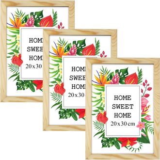 MG Design Set aus 3 Natural Bilderrahmen 20 x 30 cm - Aus echtem Holz mit Acrylglas, zum Aufh&auml;ngen & Aufstellen, f&uuml;r Fotos, Poster & Puzzle