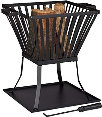 Relaxdays Feuerkorb XL mit Schürhaken, Terrasse u. Garten Feuerschale mit Unterlage, für Holz, HBT 56x56,5x45cm, schwarz