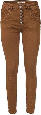 Jewelly Jean stretch pour femme &agrave; cinq poches au look crash | Pantalon Boyfriend et boutonni&egrave;re visible avec boutons bijoux, camel, W36