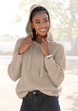 Lascana Kapuzenpullover LASCANA, Damen, Gr. 32/34, beige, Grobstrick, Obermaterial: 100% Polyacryl, unifarben, figurumspielend h&uuml;ftlang, Rippstrickb&uuml;ndchen, P