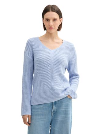 Tom Tailor Damen RIPP Strickpullover mit V-Ausschnitt, 36520 - Kentucky Blue Melange, XXXL