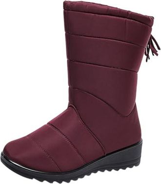 Holibanna Hiver Femme Hautes -mollet Imperm&eacute;ables &agrave; Talon &Eacute;pais avec Pompons Mode Chaude pour Neige Confort et Style Rouge Fonc&eacute;