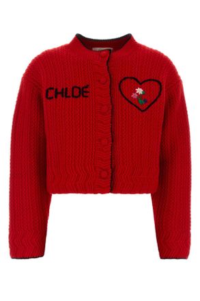 Chlo&eacute; Embroidered Wool-Cashmere Cardigan - Red