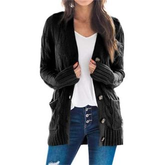 Generic Cardigan dautomne d&eacute;contract&eacute; &agrave; manches longues boutonn&eacute; sur le devant pour femme, cardigan ouvert sur le devant pour femme, Noir, XXL