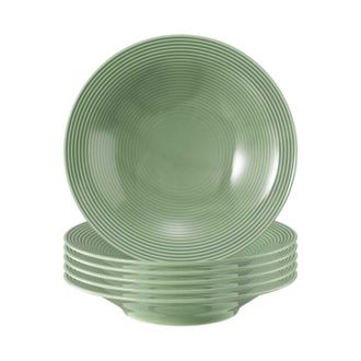 SELTMANN WEIDEN Beat Color Glaze Suppenteller 6er Set, ø 22,5 cm, Tiefer runder Teller mit Rillenrelief, Porzellan, Salbeigrün