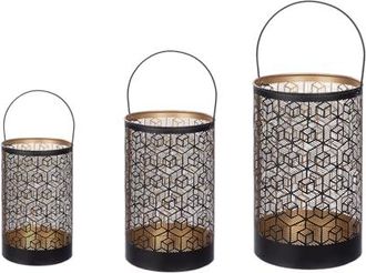 Gilde 3er Set Windlichter Kubus aus Metall - zylindrisch - schwarz - H&ouml;he 43cm - &Oslash; 25cm - Wabenmuster