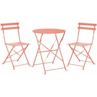 Beliani Balkonset Korallenrot Stahl 3-Teilig Runder Tisch mit 2 St&uuml;hlen Zusammenklappbar Modern Franz&ouml;sicher Stil Terrasse Garten Outdoor Ausstattung