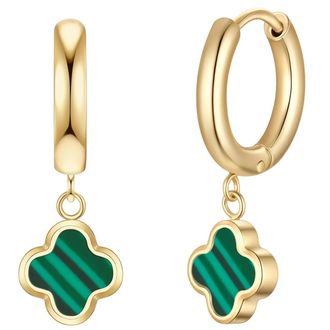 Glanzst&uuml;cke M&uuml;nchen Ohrringe - Edelstahl Creolen Malachit (synth.) Kleeblatt - Gr. unisize - in Gold - f&uuml;r Damen