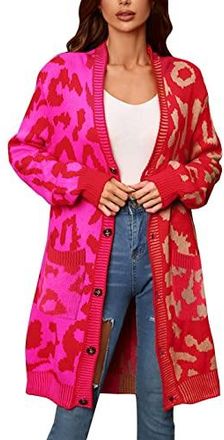 Generic 2026 Vestes dautomne et dhiver pour femme - Imprim&eacute; l&eacute;opard - Coutures tricot&eacute;es - Veste chandail mi-longue, Rouge, XL