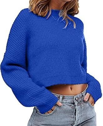 Generic Pull de couleur unie pour femme - Pull d&eacute;contract&eacute; &agrave; col rond - Sweat-shirt &agrave; manches longues - Couleur unie - D&eacute;contract&eacute; - Pull &eacute;pais en tricot pour