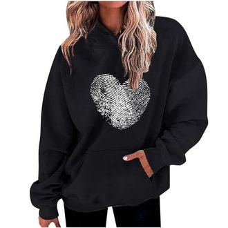 Generic Sweat à capuche décontracté pour femme - Imprimé coeur - Sweat à capuche surdimensionné à épaules tombantes - Avec poches - À porter au quotidien, Noi