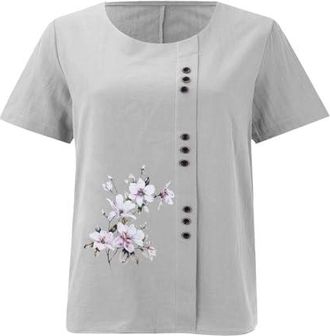 Generic Haut ample d&eacute;contract&eacute; &agrave; manches courtes et col rond en lin pour femme, chemisier d&eacute;t&eacute; &agrave; motif floral pour la plage, les vacances et les voyages, gris