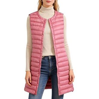 Generic Gilet matelass&eacute; long et l&eacute;ger sans manches &agrave; col rond boutonn&eacute; pour femme, rose, 3XL