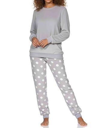 Normann Pyjama &agrave; manches longues pour femme, aspect pois, en polaire corail chaude et douillette, gris, 42-44