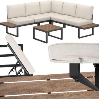 TecTake Tectake - Ensemble de salon de jardin avec cadre en aluminium laqu&eacute; &eacute;poxy surfaces de rangement en aspect bois, accoudoir dangle r&eacute;glable
