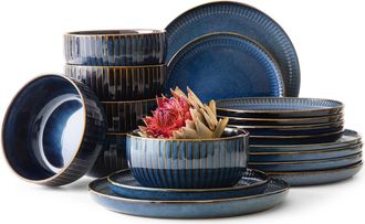 Konsimo Tafelservice AD STRIPES Geschirrset, jedes Stück ein Unikat, Reaktivglasur (18-tlg), 6 Personen, Porzellan, spülmaschinengeeignet, mikrowellengeeignet