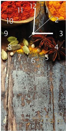 Wallario Design-Wanduhr, Acrylglasuhr Größe 30 x 60 cm, weiße Zeiger, Motiv Gewürze auf Holz - uriger Holztisch in der Küche