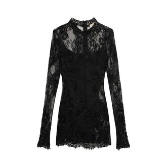 Blumarine Besticktes Midikleid mit Spitzenbesatz - - Dresses - Damen - Schwarzk - 2XS